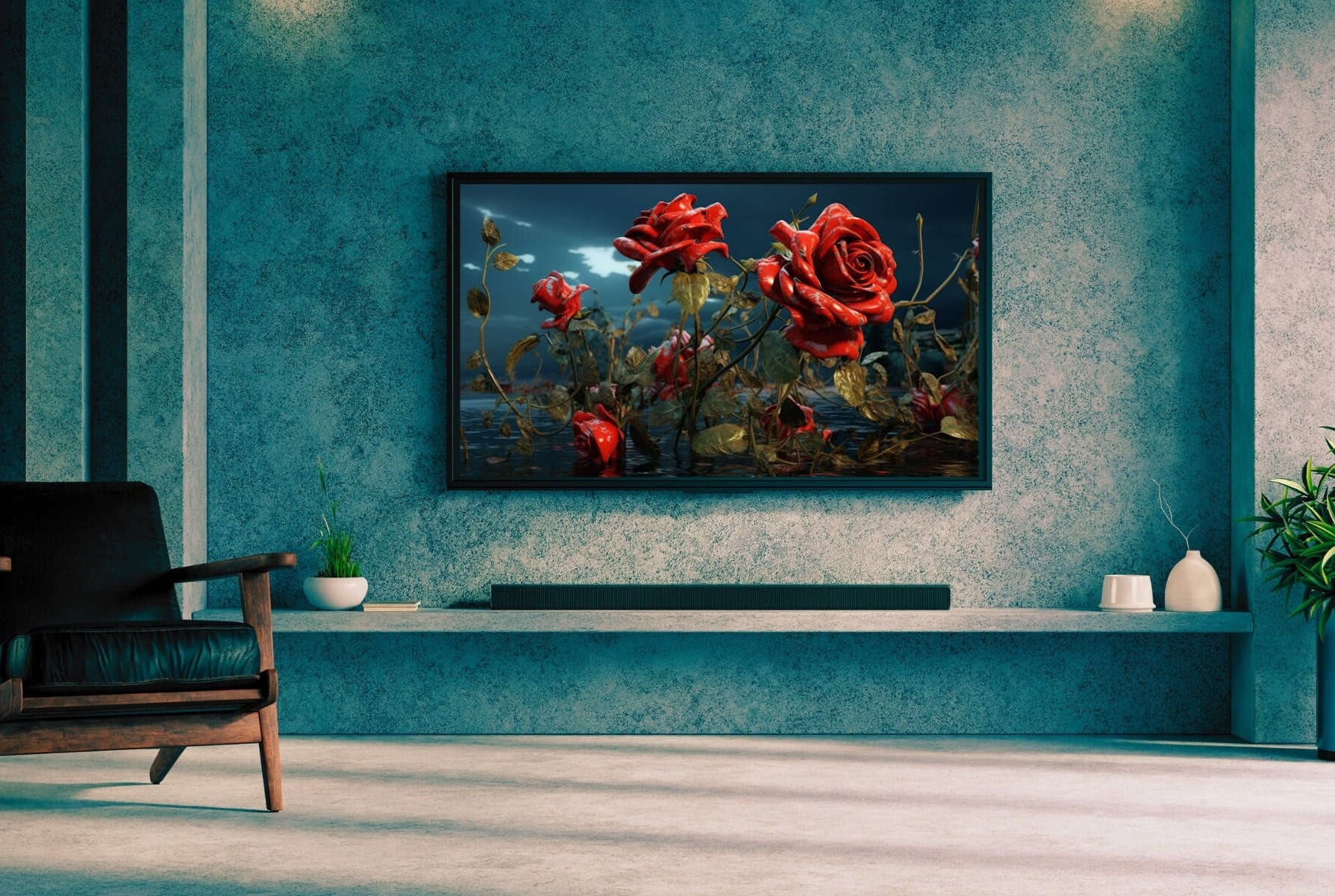 4K Digital Frame TV Artwork, Impressionist Red Roses on Blue Van Gogh ...