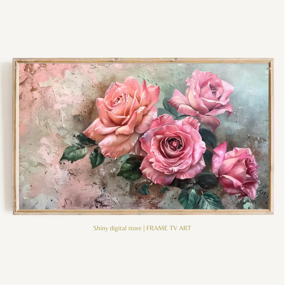 Pink Roses Botanic Garden Frame TV Art, Vintage Botanical Oil Painting ...