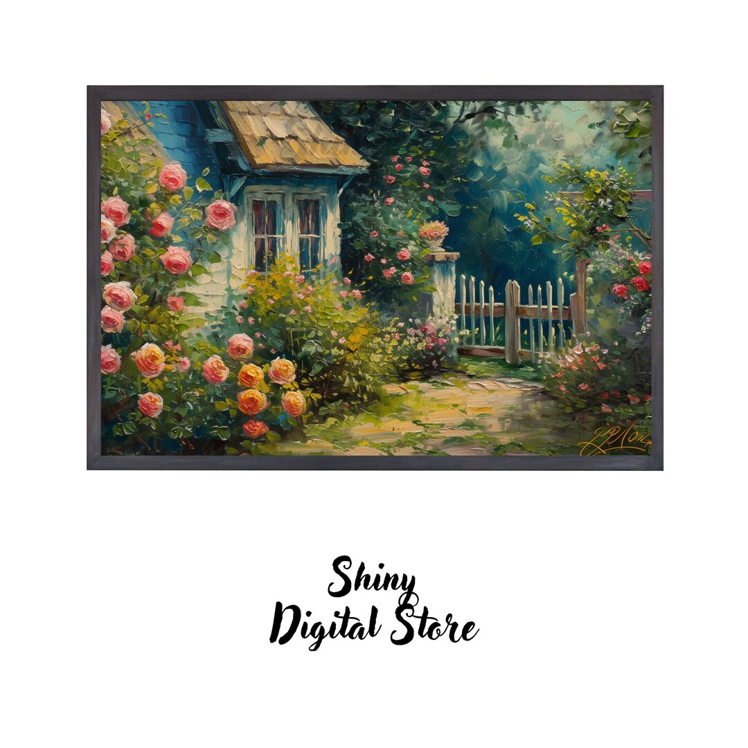 Samsung Frame TV Art, Vintage Oil Painting, Cottage Rose Garden ...