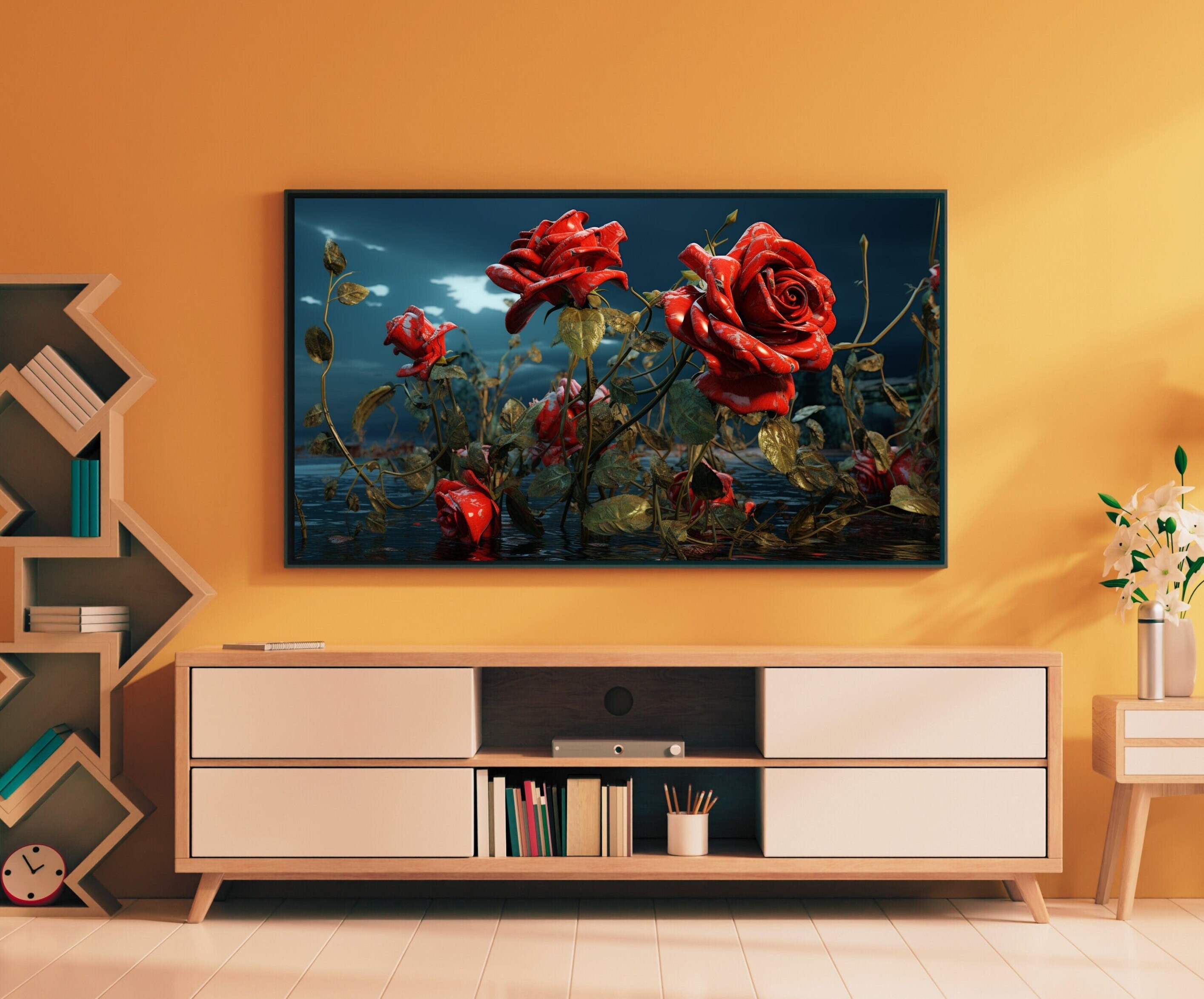 4K Digital Frame TV Artwork, Impressionist Red Roses on Blue Van Gogh ...