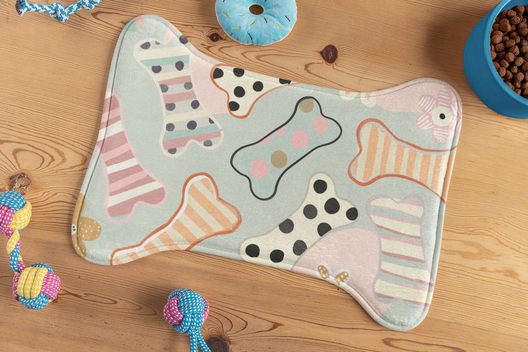 Personalized Pet Mat Playful Dog Bones Custom Dog Bowl Mat Cat Feeding ...