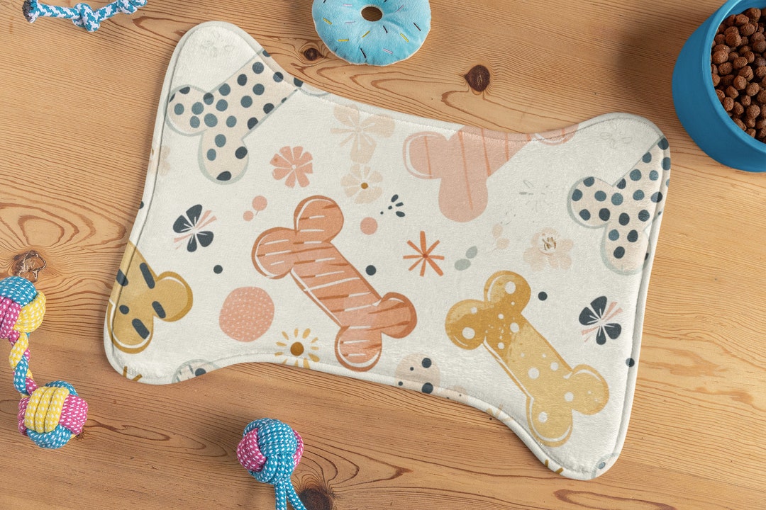 Personalized Pet Mat Beige Dog Bones Custom Dog Bowl Mat Cat Feeding ...