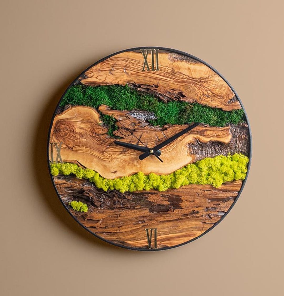 Metal and Olive Wooden Wall Clock, Moss Wall Clock, Moss Wall Art, Moss ...