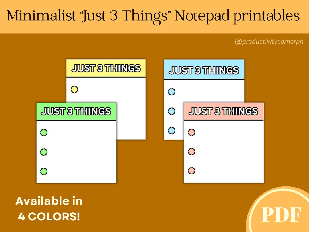 Minimalist Pastel Just 3 Things to Do List Notepad Printables (4 Colors ...