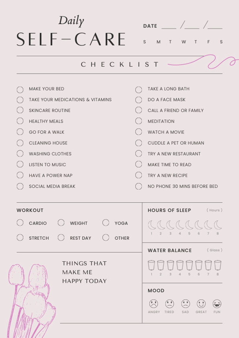 Daily Self Care Checklist Instant Download A4 Prioritize Yourself - Etsy