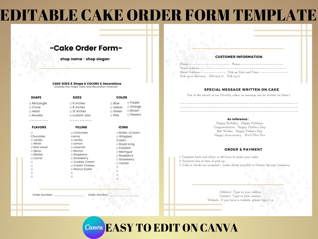 Cake Order Form Template Editable, Printable Canva Template, Bakery ...