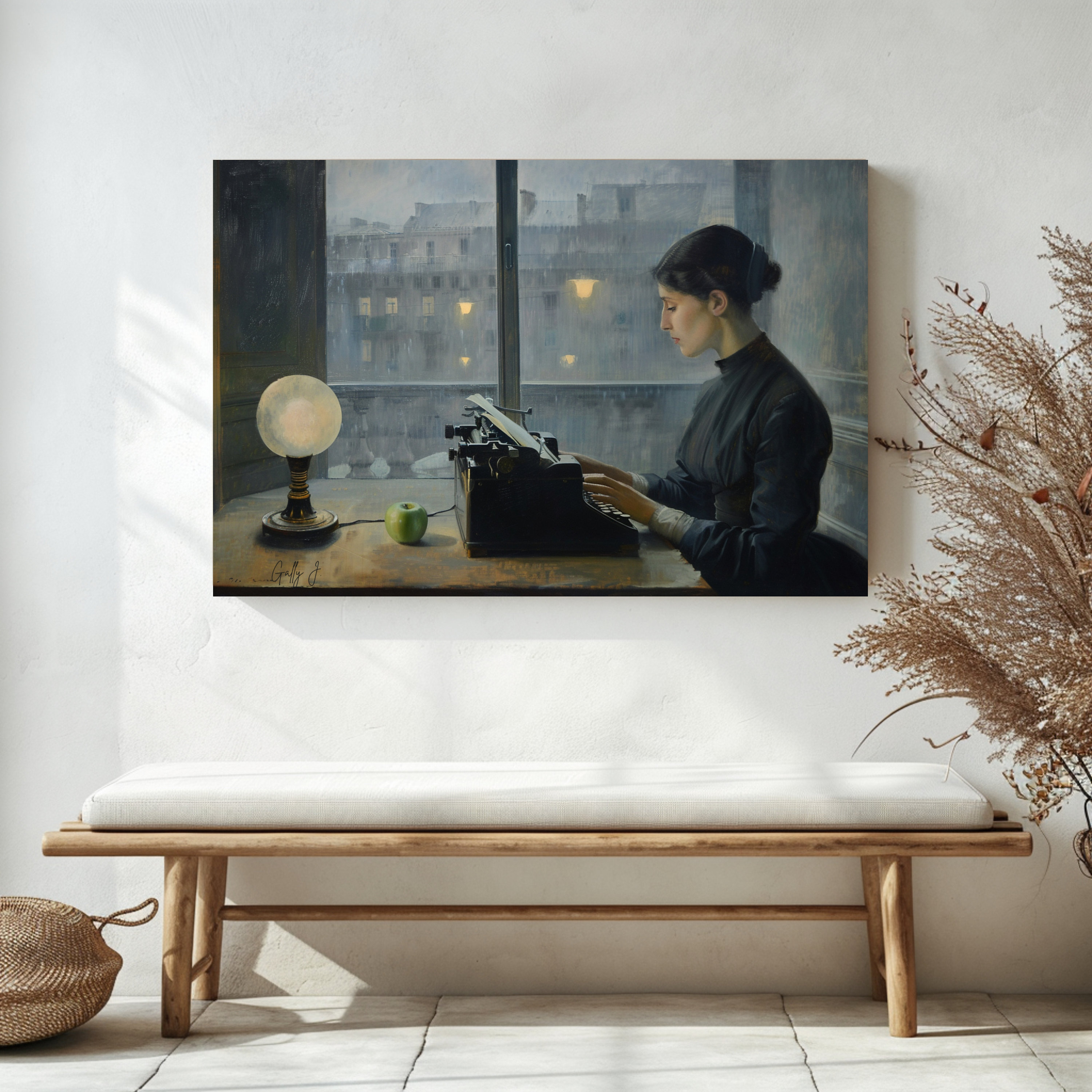 Vintage Printable Young Typist Oil Painting, Typewriter at Work, Typist ...