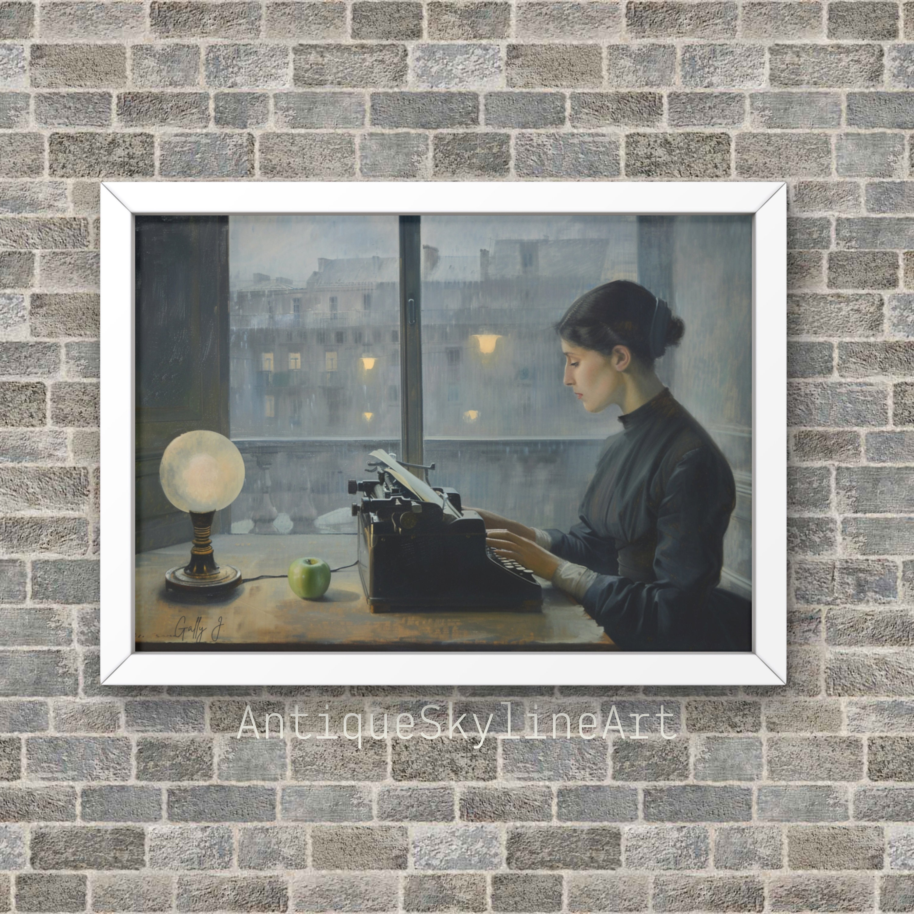 Vintage Printable Young Typist Oil Painting, Typewriter at Work, Typist ...