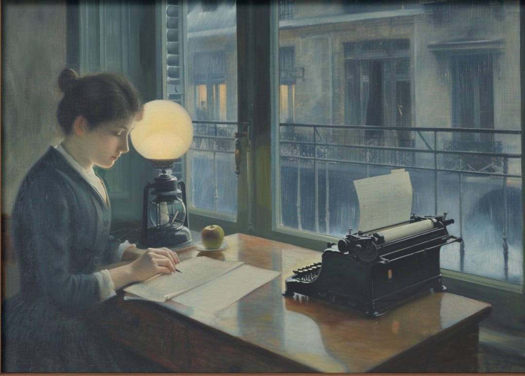 Vintage Printable Young Typist Oil Painting, Typewriter at Work, Typist ...