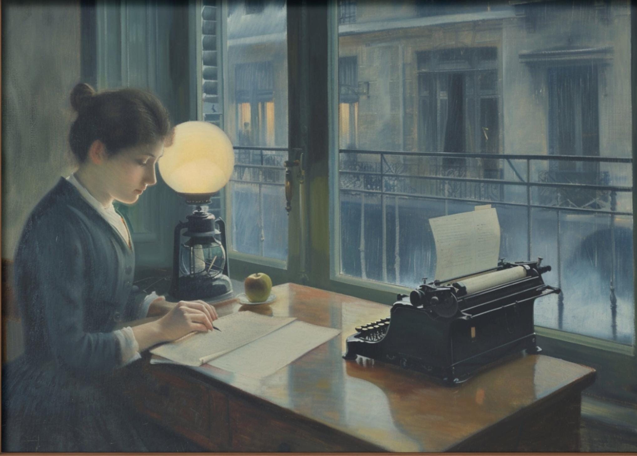 Vintage Printable Young Typist Oil Painting, Typewriter at Work, Typist ...