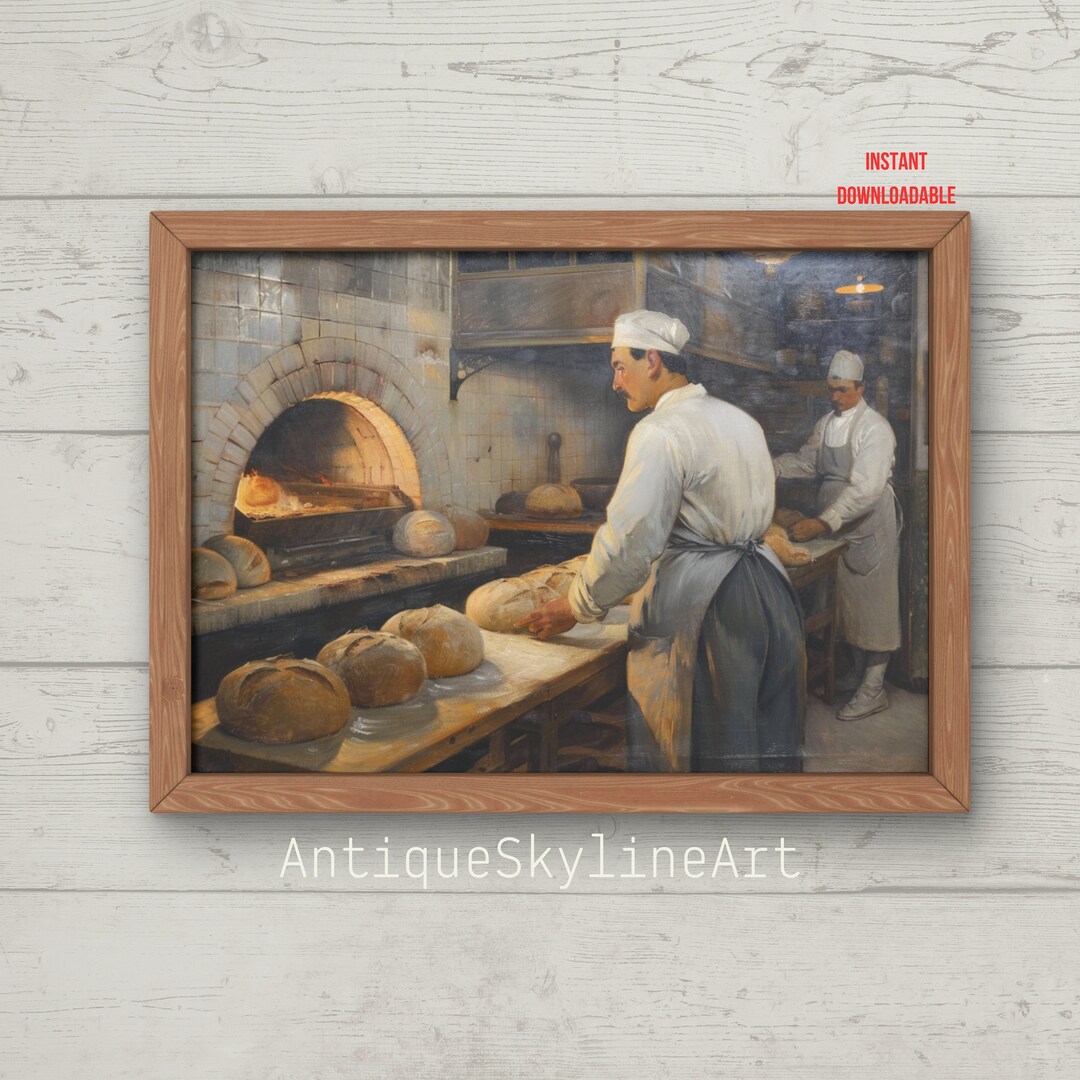 Printable Vintage Baker Oil Painting, Baker at Work, Bake Bread in ...