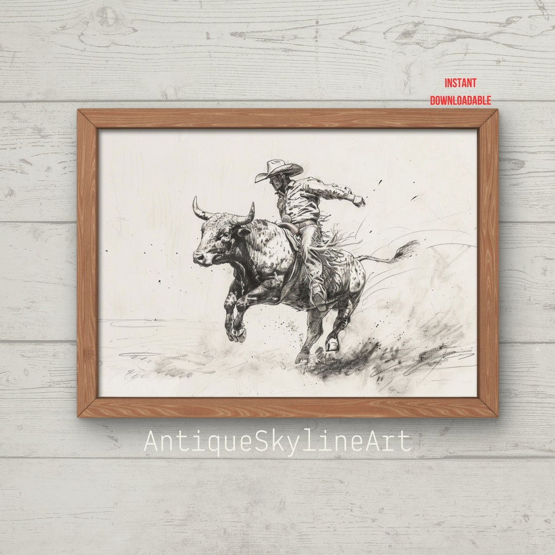 Vintage Rodeo Sketch Art PRINTABLE, Pencil Drawing, Pencil Cowboy ...
