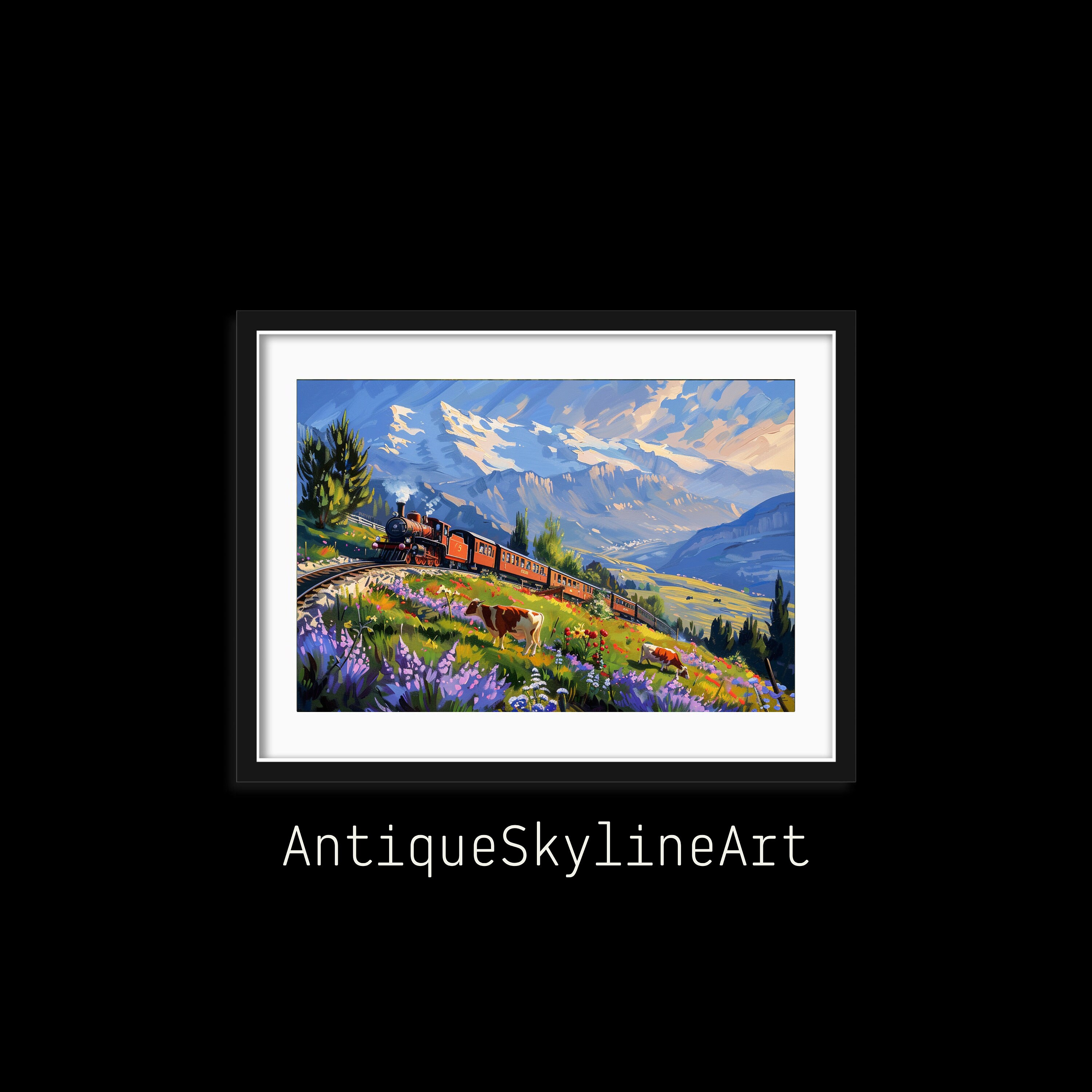 Printable Vintage Steam Train Oil Painting, Mountain Train, Train ...