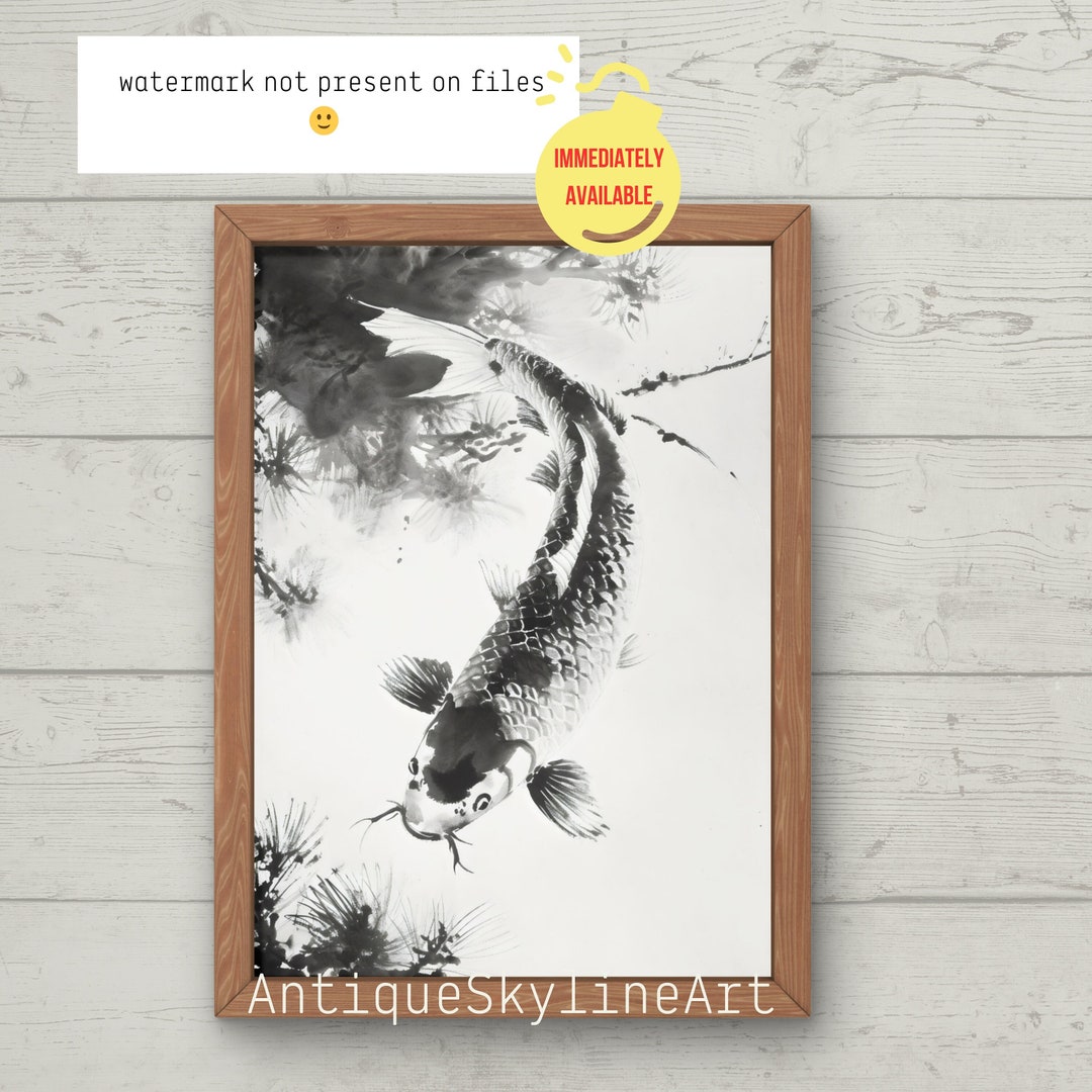 Printable Koi Fish Ink Wash Painting, Printable Japanese Wall Art ...
