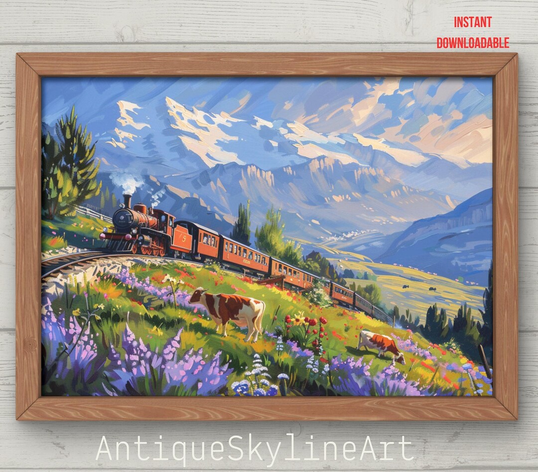 Printable Vintage Steam Train Oil Painting, Mountain Train, Train ...