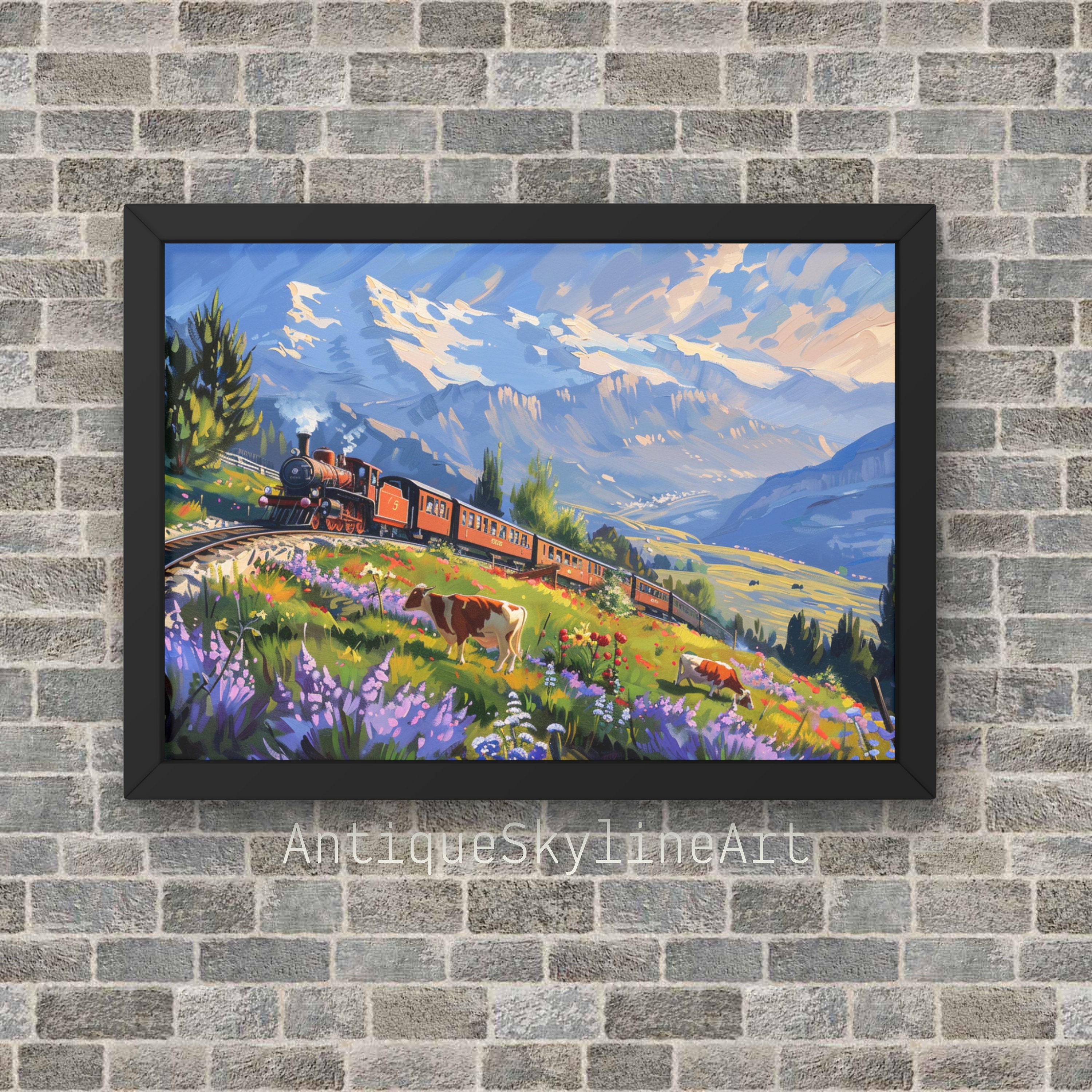 Printable Vintage Steam Train Oil Painting, Mountain Train, Train ...