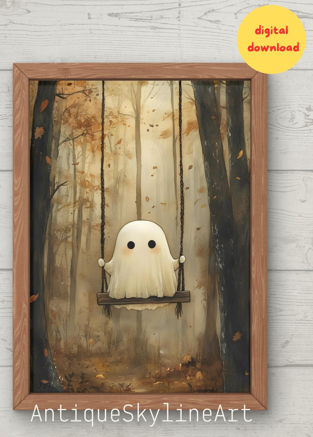 Cute Ghost in a Vintage Landscape, Halloween Forest Wall Art, Farmhouse ...