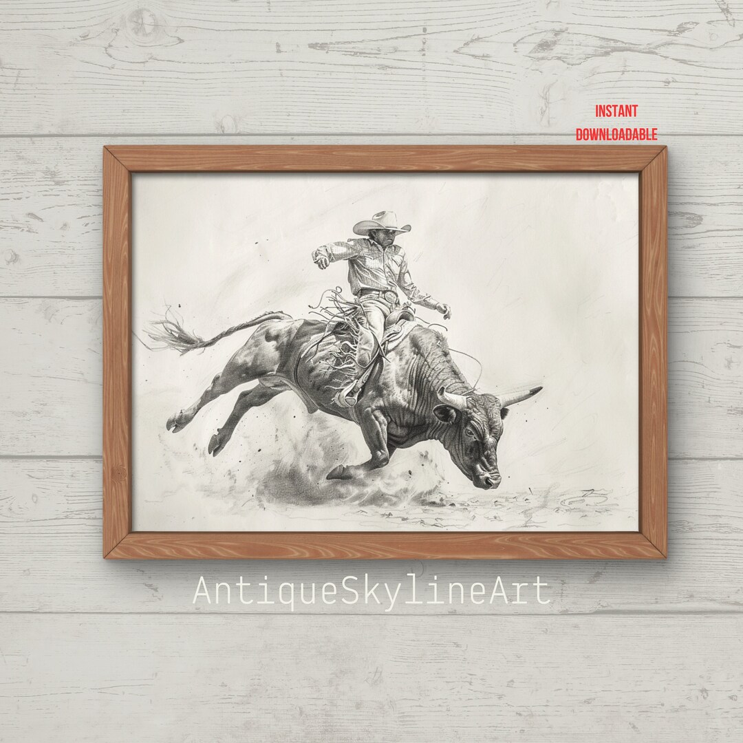 Vintage Rodeo Sketch Art PRINTABLE, Pencil Drawing, Pencil Cowboy ...