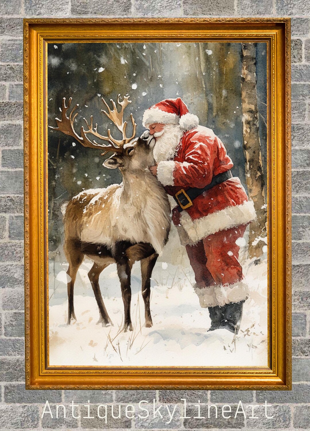 Vintage Santa and Reindeer Painting, Christmas Wall Art (digital ...