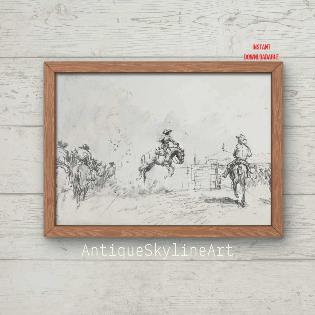 Vintage Rodeo Sketch Art PRINTABLE, Pencil Drawing, Pencil Cowboy ...