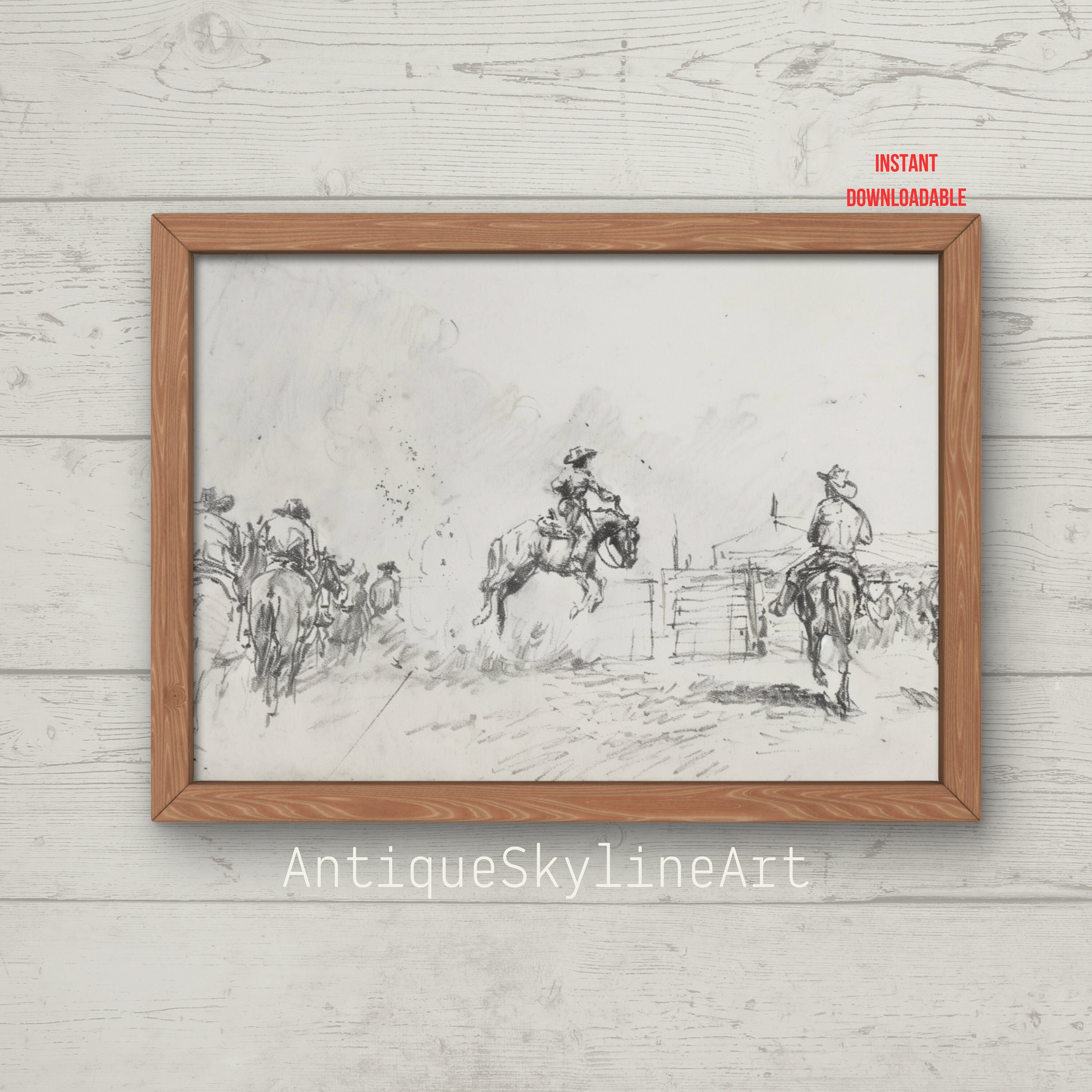 Vintage Rodeo Sketch Art PRINTABLE, Pencil Drawing, Pencil Cowboy ...
