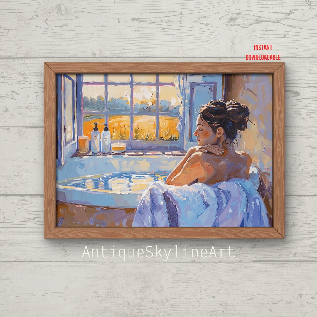 Printable Vintage Woman in the Bath Oil Painting, Softness of Bath ...
