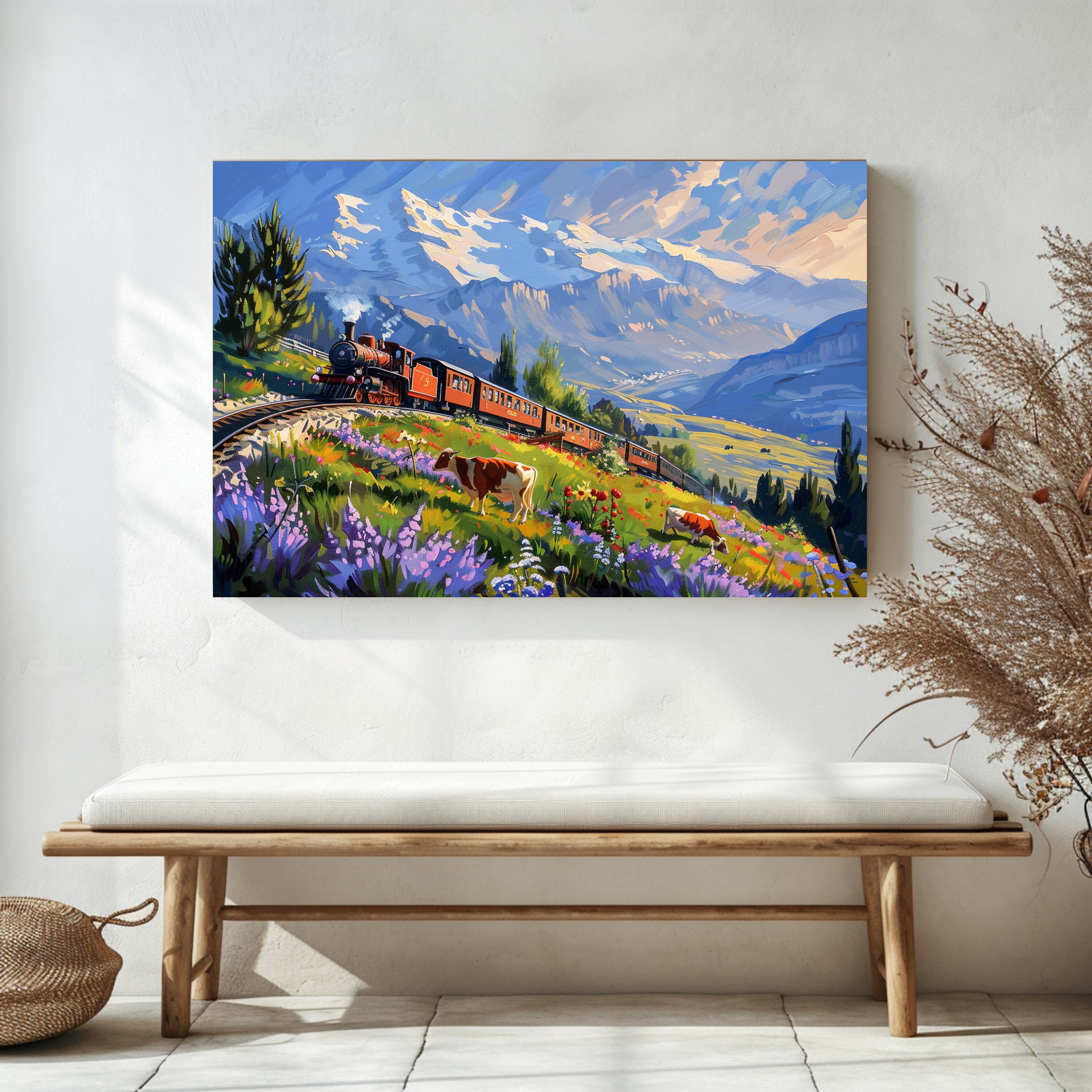 Printable Vintage Steam Train Oil Painting, Mountain Train, Train ...