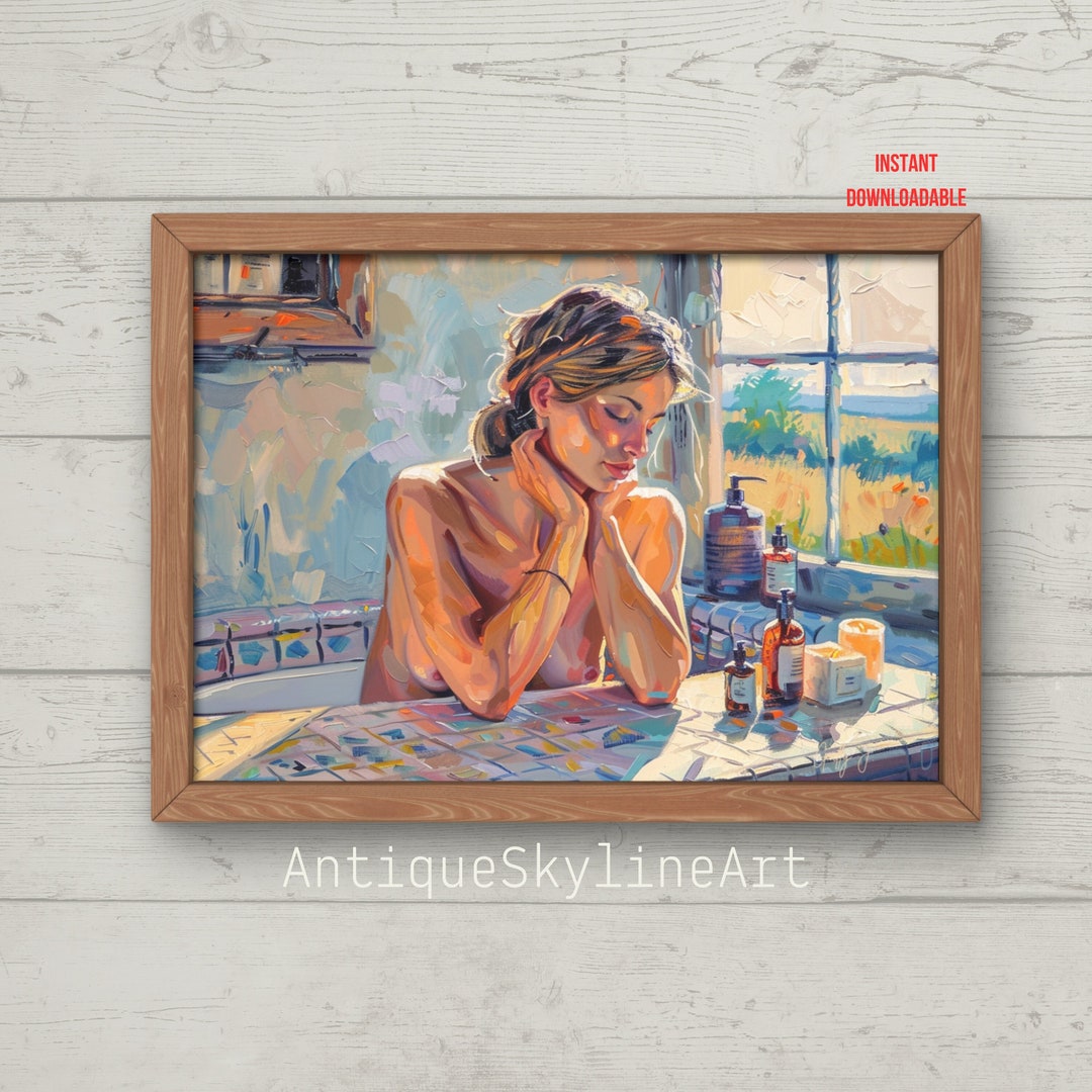Printable Vintage Woman in the Bath Oil Painting, Softness of Bath ...