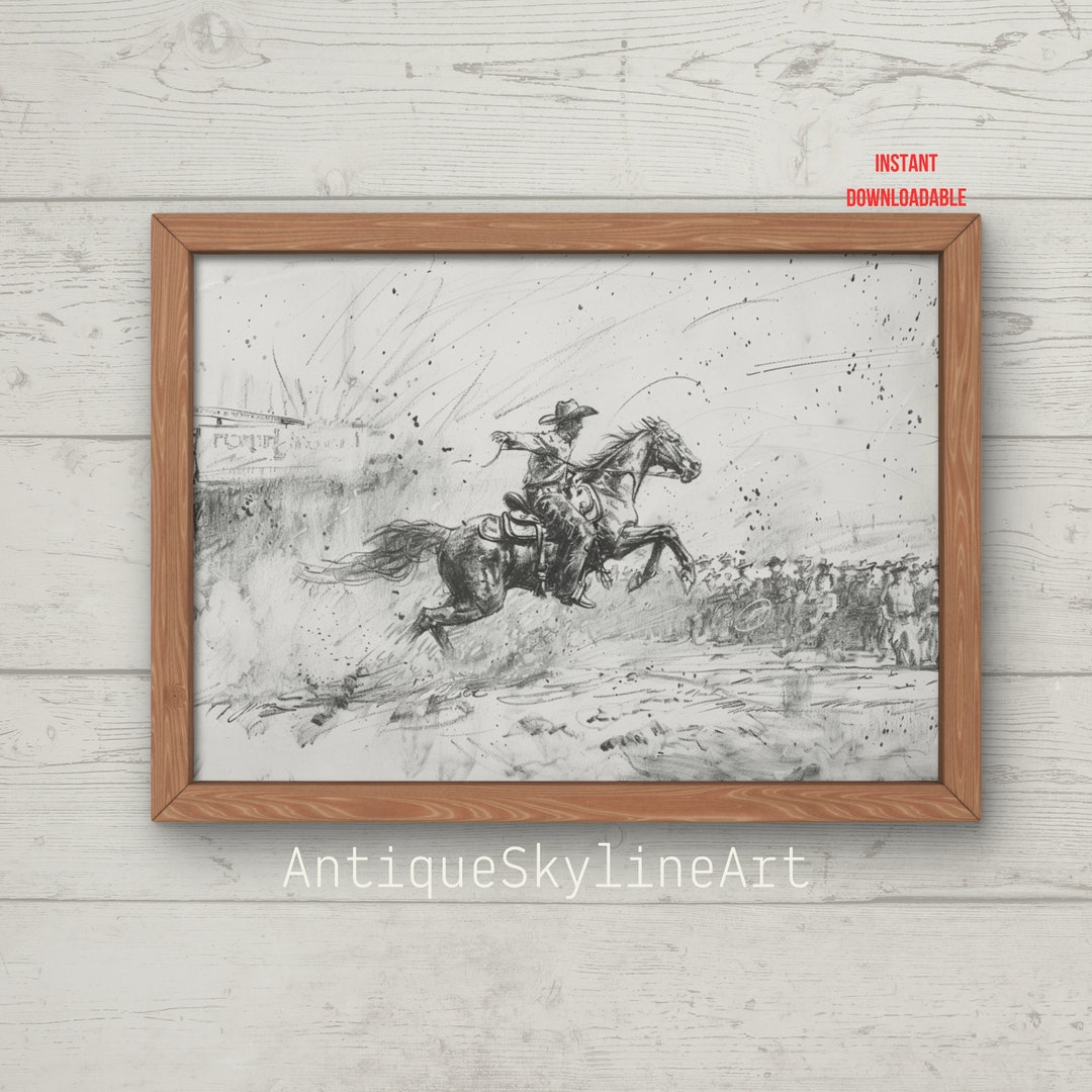 Vintage Rodeo Sketch Art PRINTABLE, Pencil Drawing, Pencil Cowboy ...