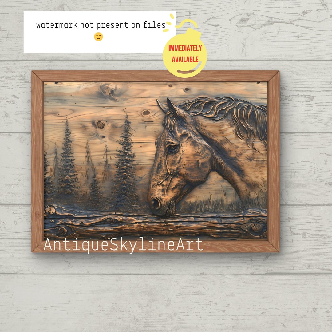 Printable Pyrography Wall Art of Horse, Vintage Wall Burnt Wood ...