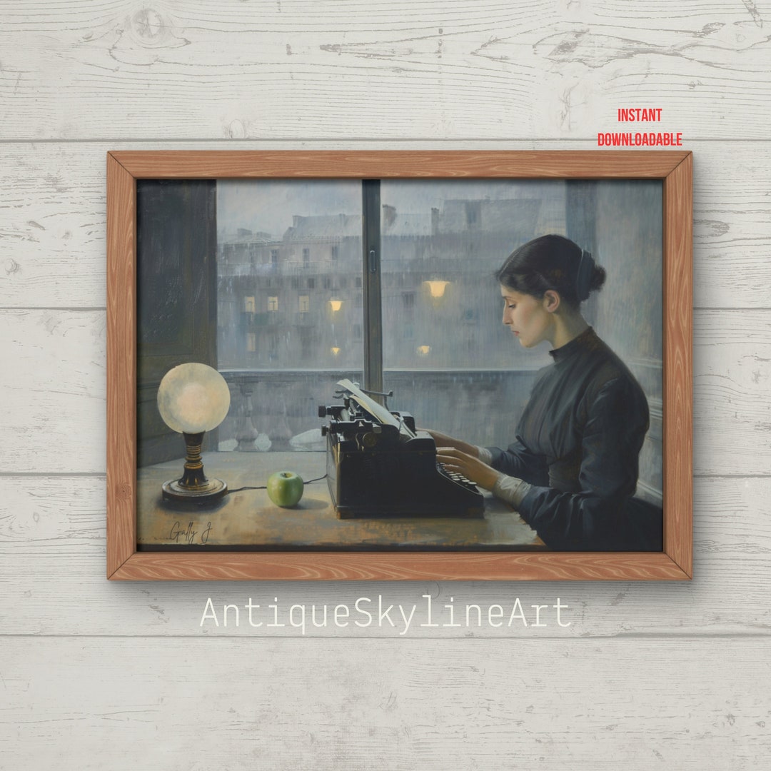 Vintage Printable Young Typist Oil Painting, Typewriter at Work, Typist ...