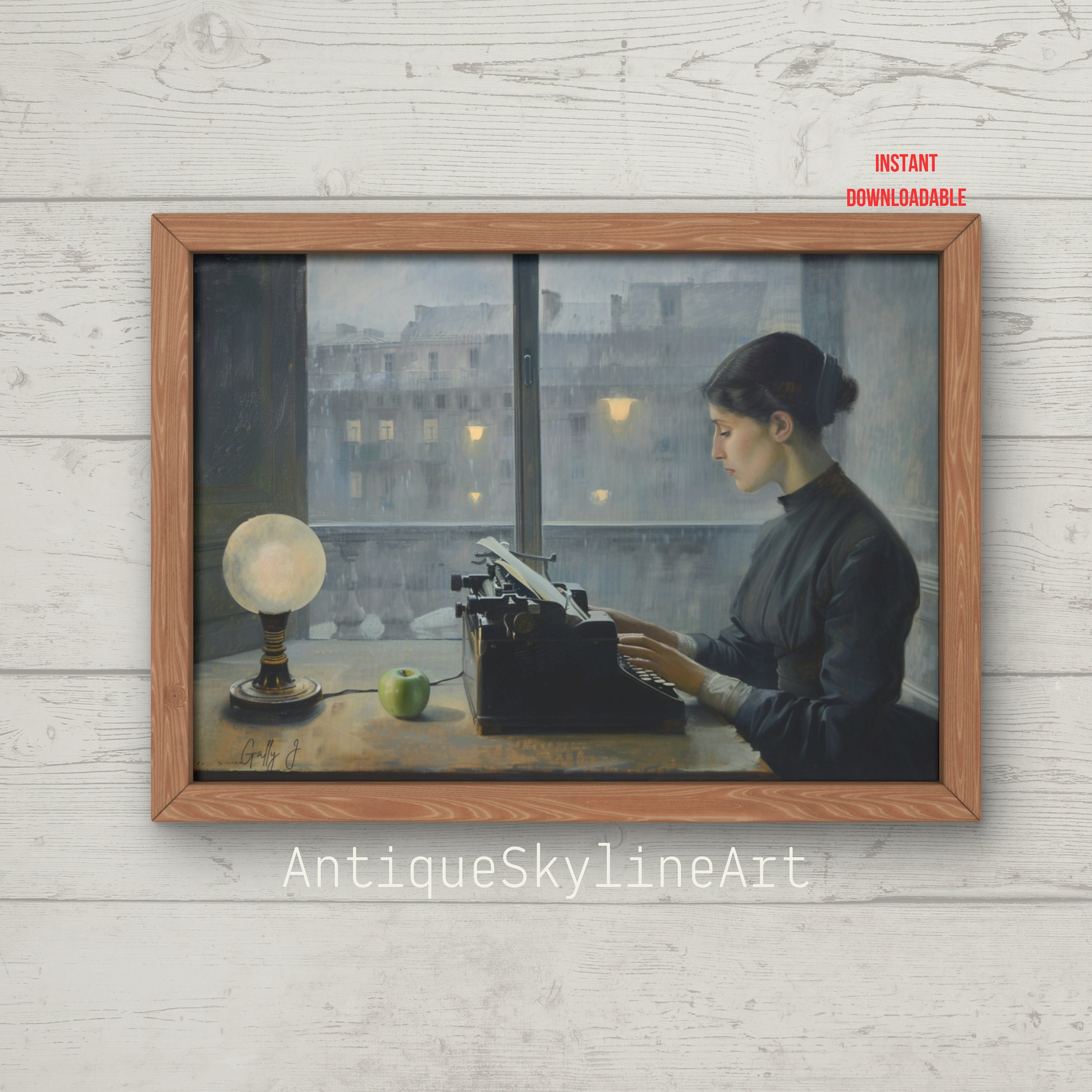 Vintage Printable Young Typist Oil Painting, Typewriter at Work, Typist ...