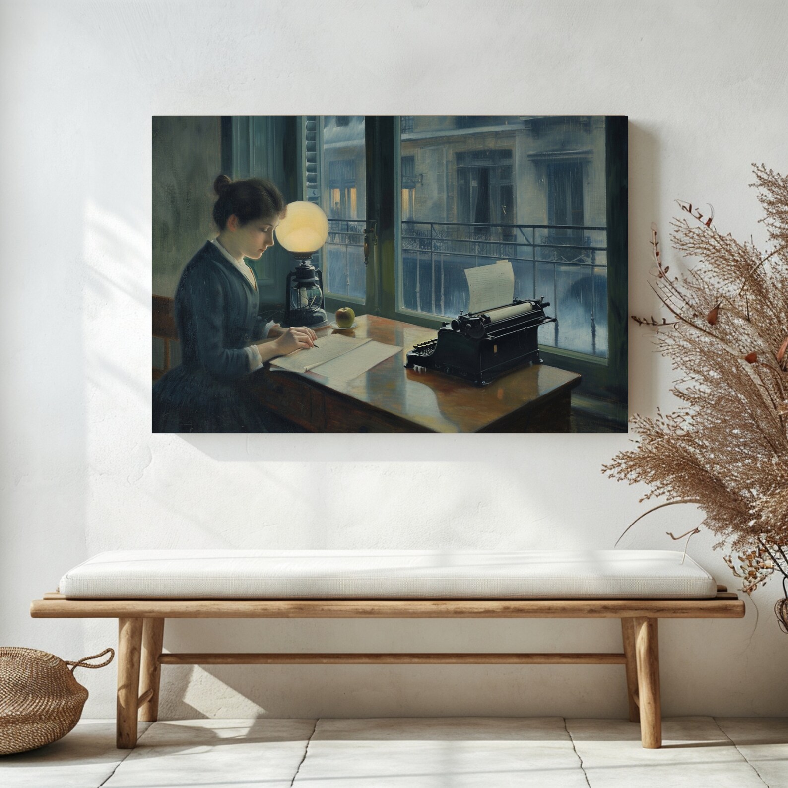 Vintage Printable Young Typist Oil Painting, Typewriter at Work, Typist ...