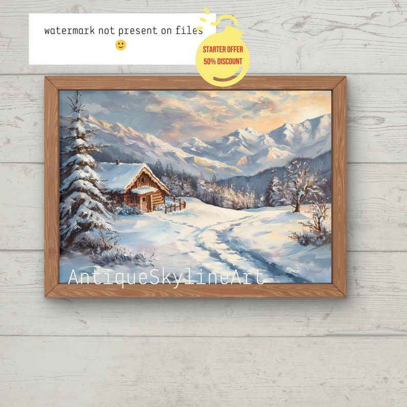 Winter Cabin PRINTABLE Vintage Mural Rustic Vacation Decor Poster Wall ...