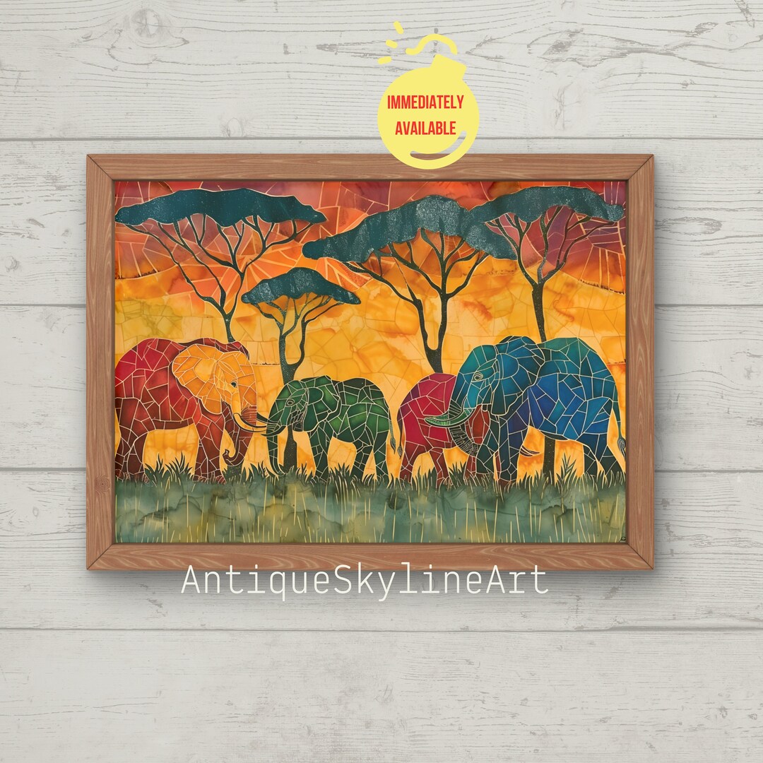 Batik Style Painting, Printable Elephant Wall Art, Vintage, Digital Art ...