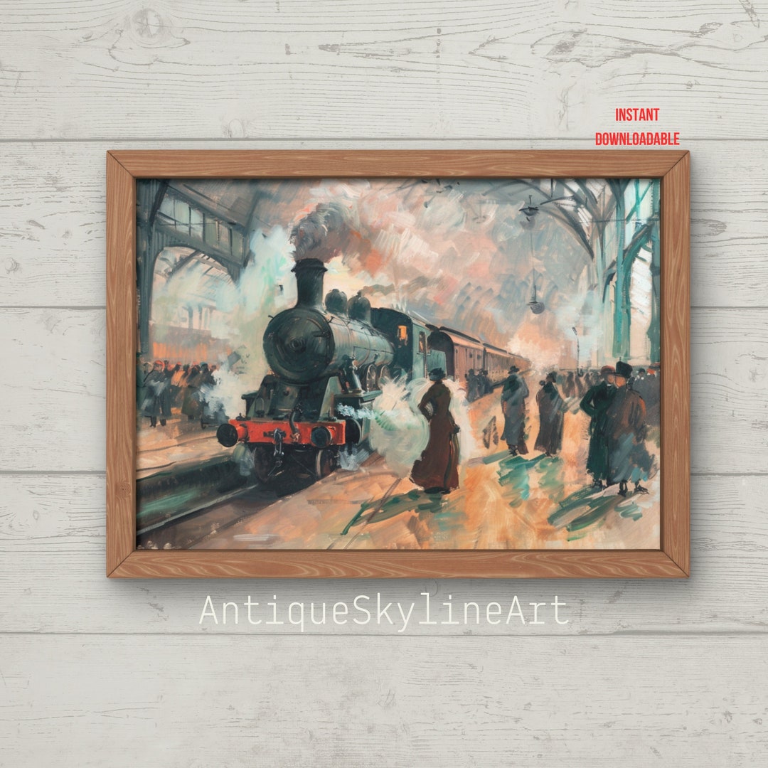Printable Vintage Steam Train Oil Painting, Paris Train Station, Train ...