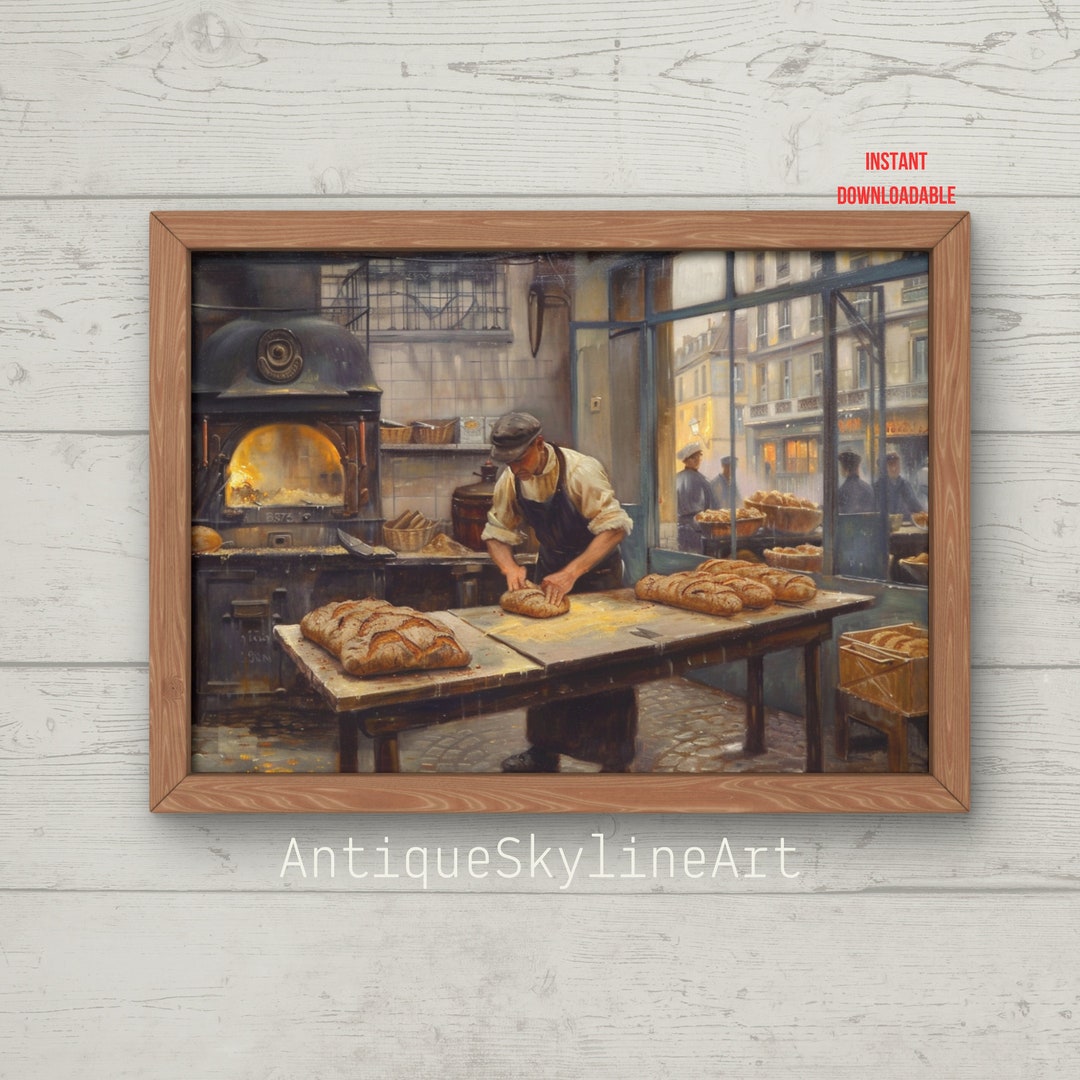 Printable Vintage Baker Oil Painting, Baker at Work, Bake Bread in ...