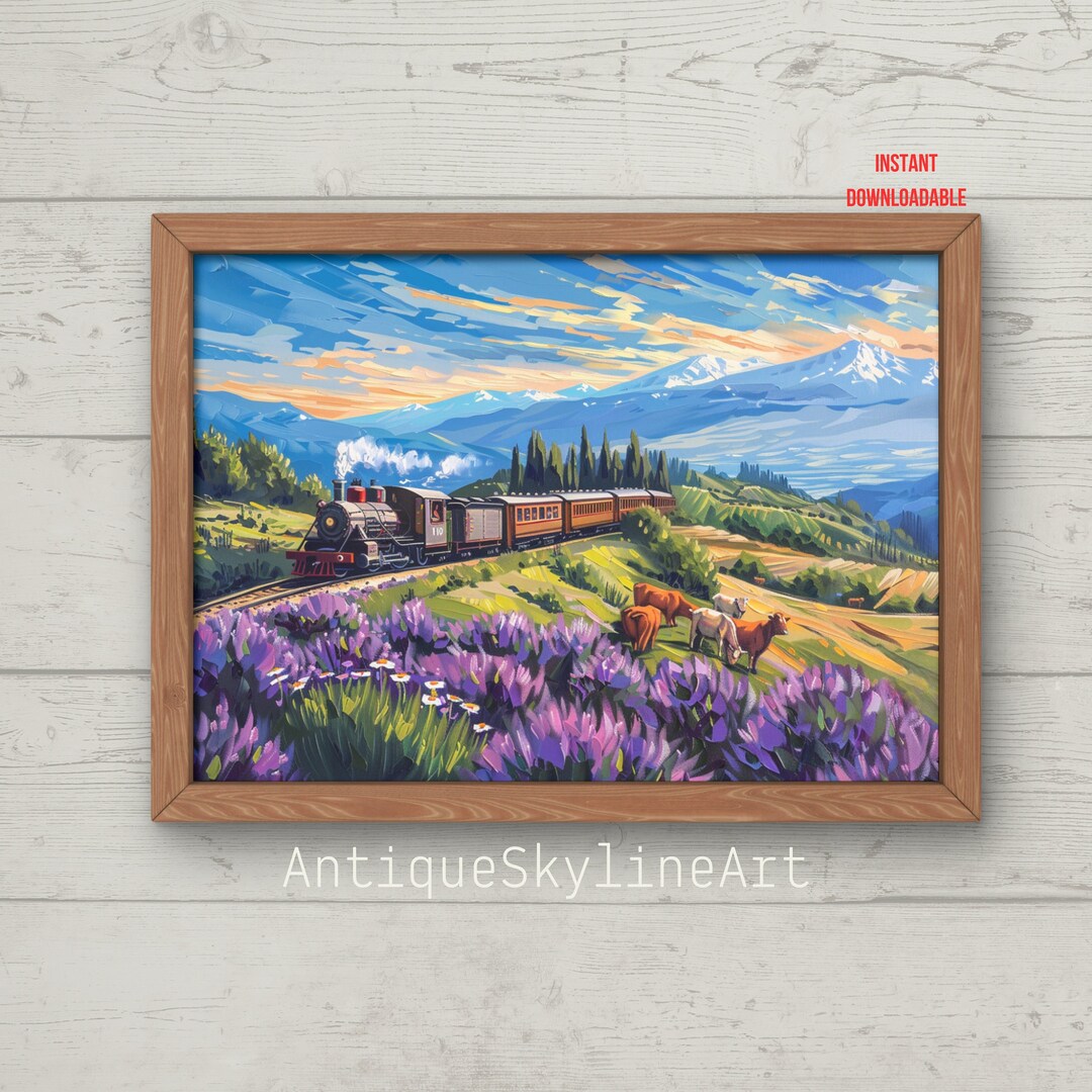 Printable Vintage Steam Train Oil Painting, Mountain Train, Train ...