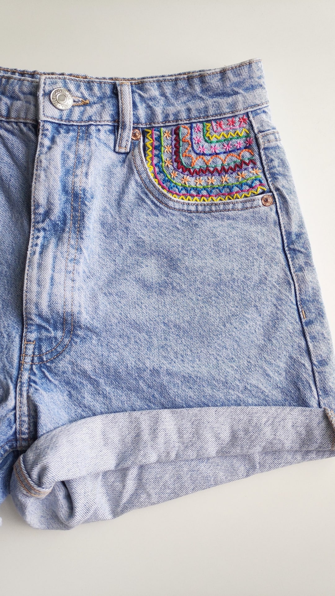 Up-cycled, Repurposed, Denim Shorts, Handmade Clothing, Embroidered ...