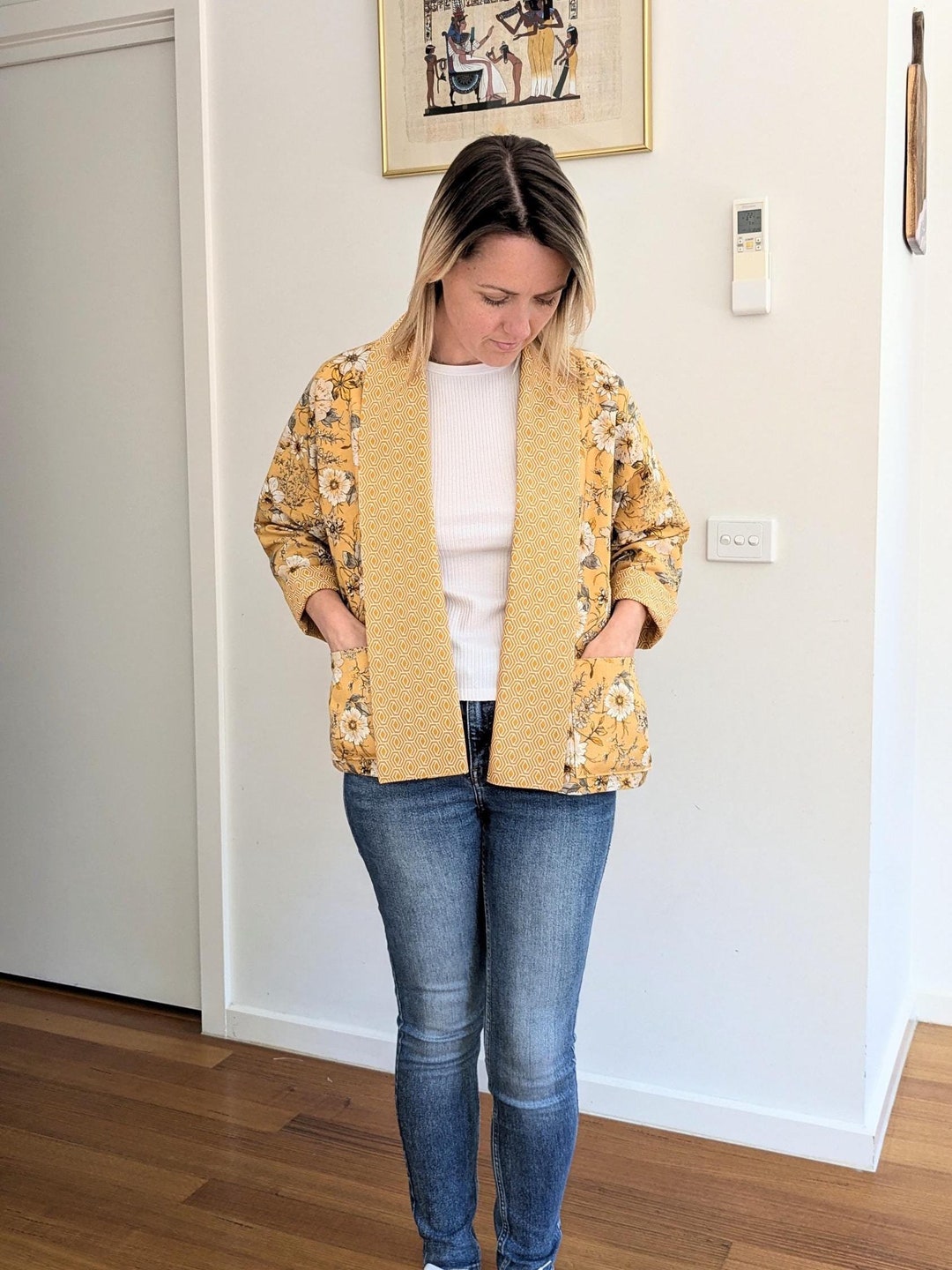Women's Box Blazer, Short Floral Jacket, Yellow Cotton and Linen, Lined ...