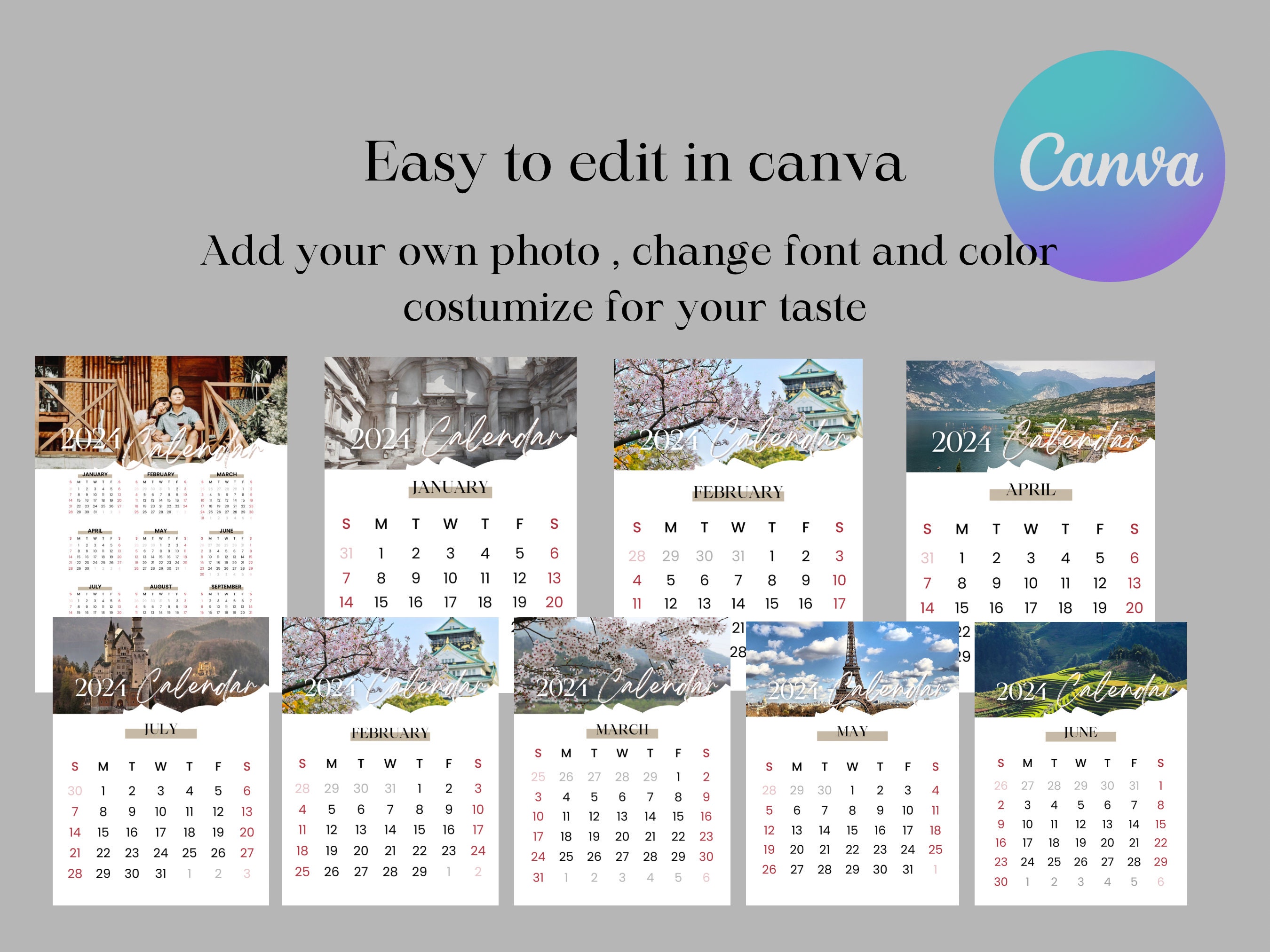 2024 Calendar Template With Photos - Easy to Edit Canva Templates ...