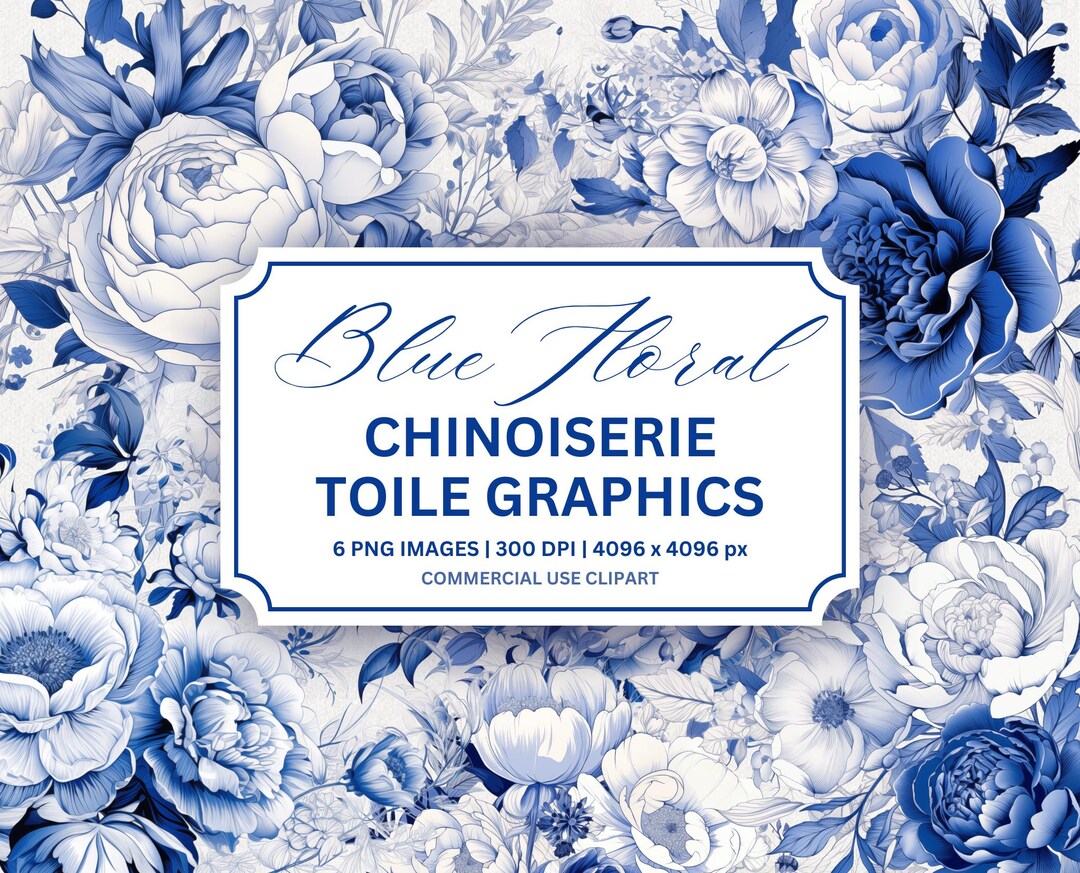 Blue Floral Chinoiserie Toile Clipart Blue Toile Flower Arrangement ...