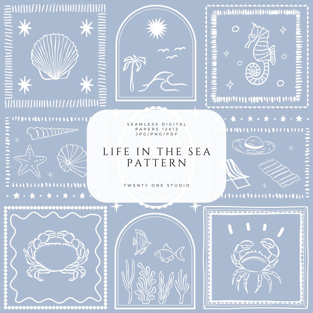 Life in the Sea: Blue Repeating Pattern, Mediterranean Style, Digital ...