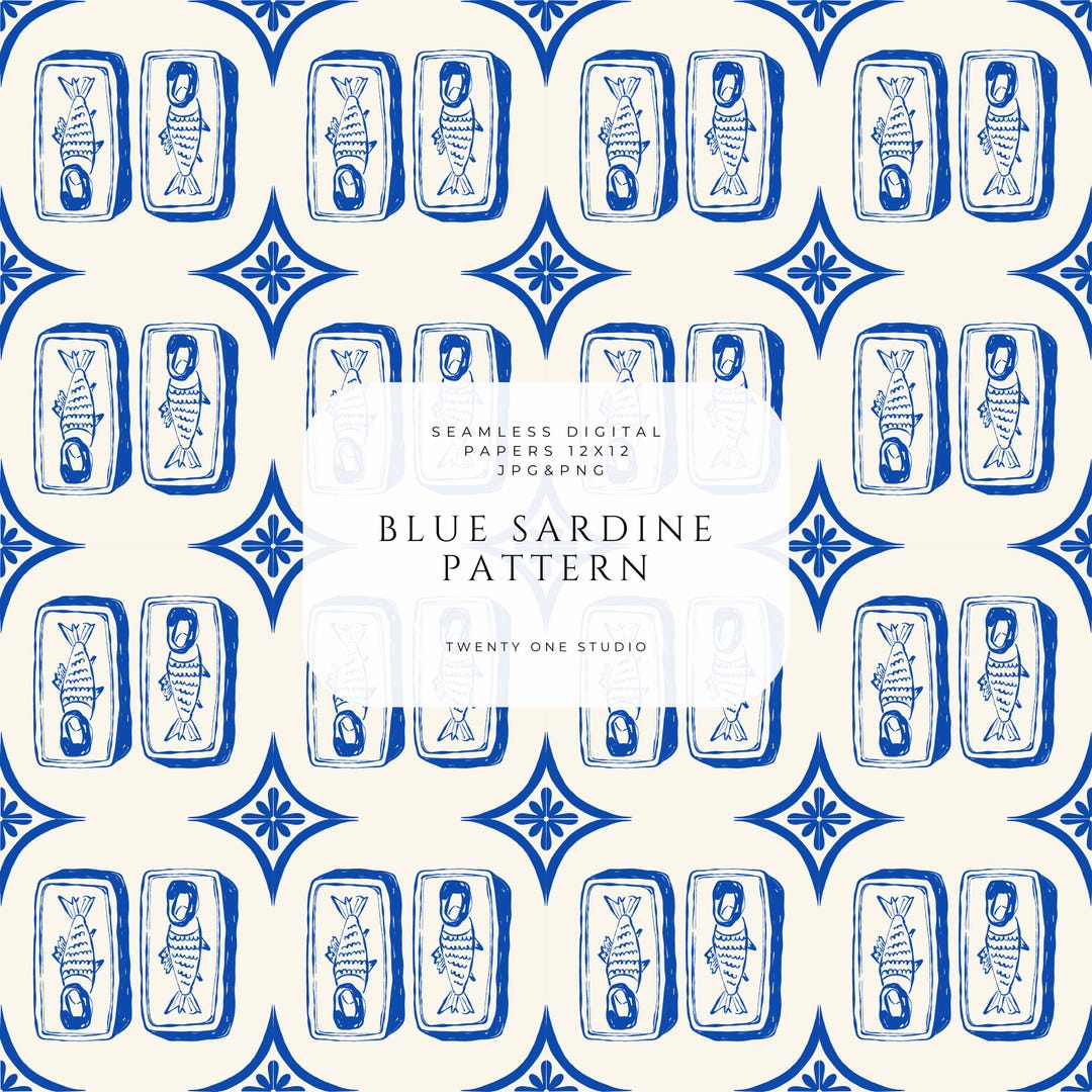 Repeating Blue Sardines Pattern, Retro Seamless Fish Design, Quirky ...