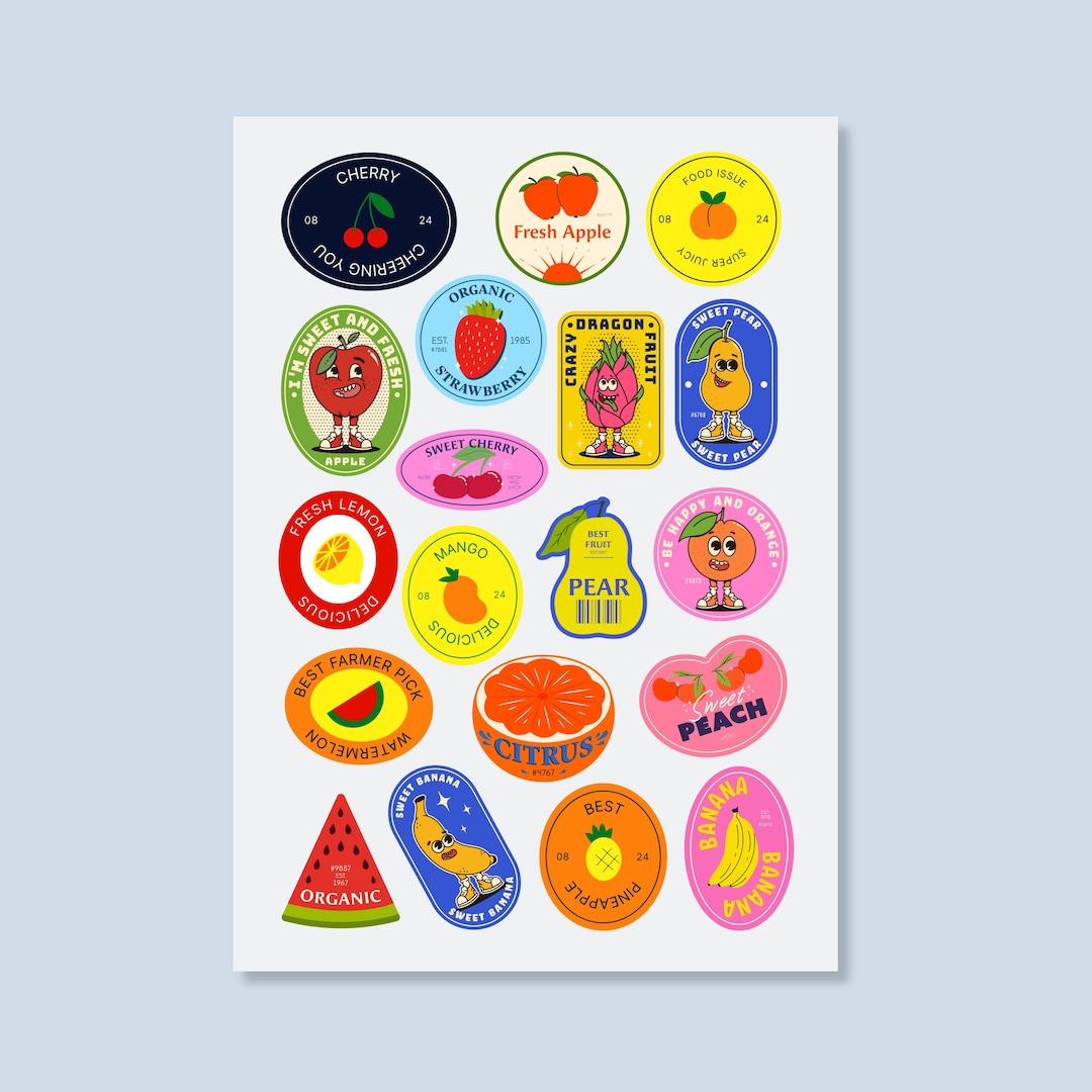 Retro Fruit Stickers | Vibrant Printable Sticker Sheet for Scrapbooking ...