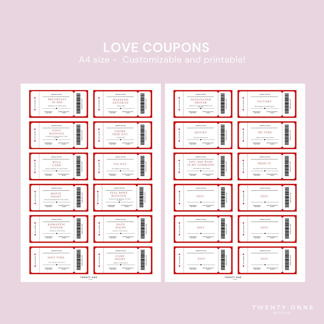 Printable Love Coupons for Her and Him, Customizable Valentine's Day ...