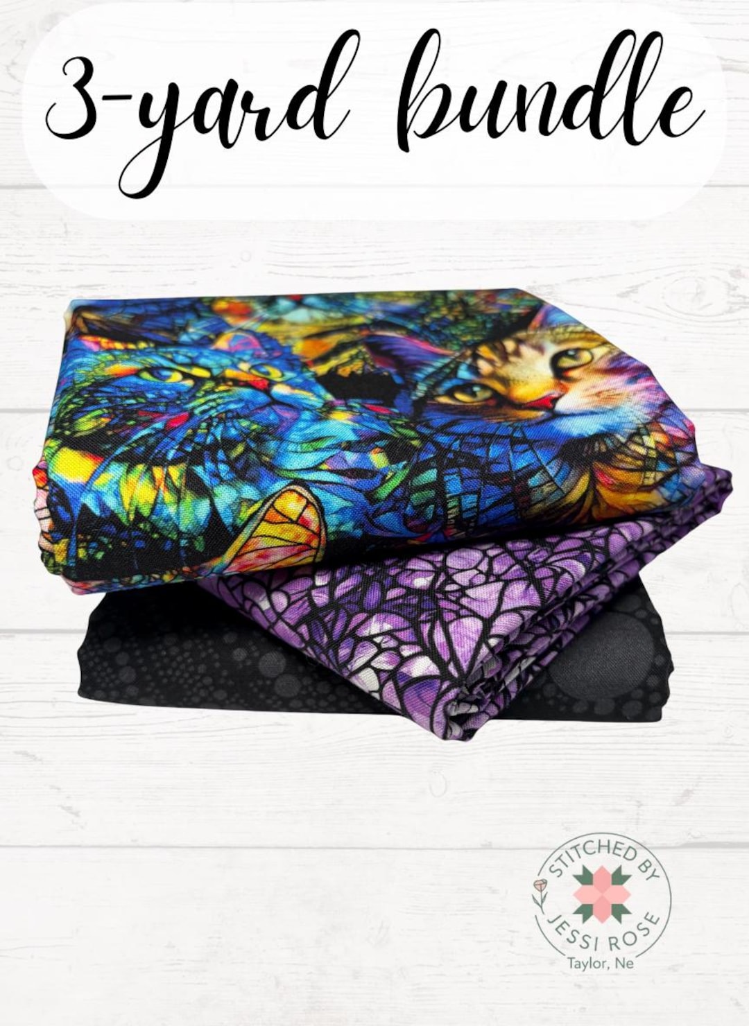 Midnight Muse 3-yard Bundle | Colorful Cat Panel, Purple Web & Black ...