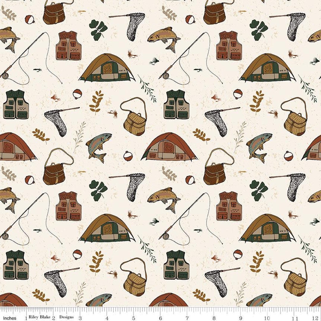 Fabric by the Yard - Let's Wander Gone Fishing in Cream by Casey ...