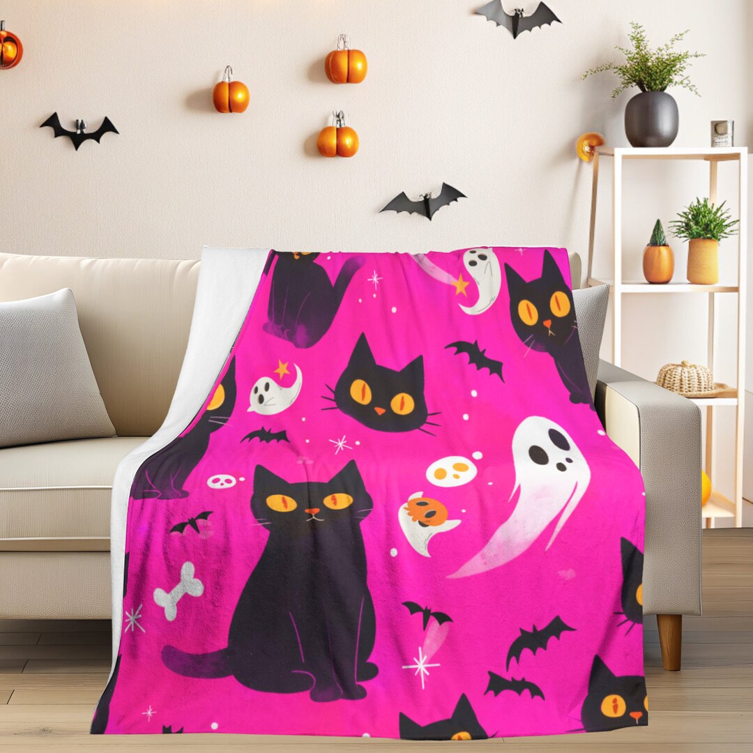 2024 Playful Pink Cat Ghost Halloween Blanket, Scary and Cute Kawaii ...