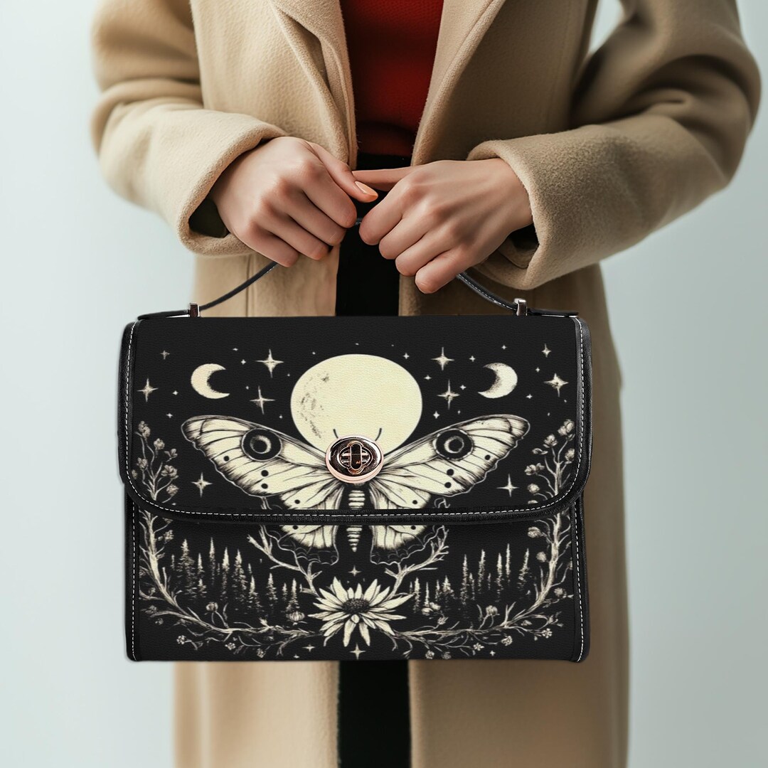Medieval Gothic Flowers Moth Moon Phase Leather Messenger Bag, Gothic ...